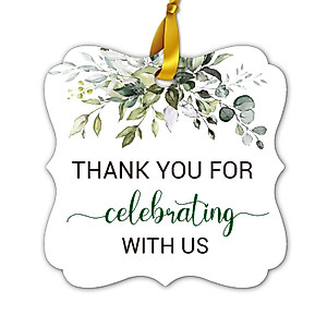 50 Thank You Favor Tags, Thank You for Celebrating with Us Gift Tags for Weddings, Bridal Showers, Birthdays, Parties, Baby Showers, 2-inch with 2 Rolls of Ribbon 20M/65.6ft. Greenery