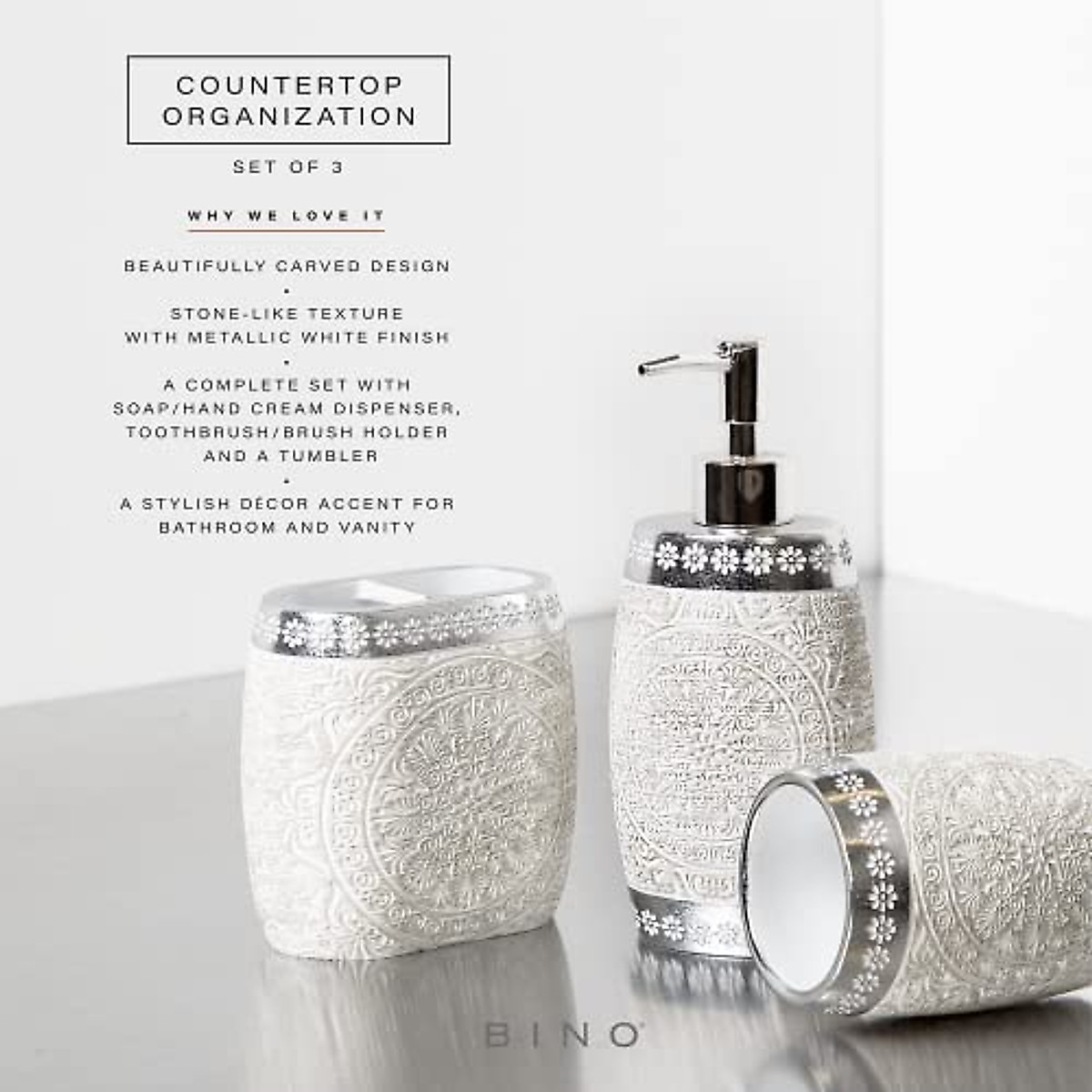 BINO Bathroom Accessories Set - Grey | Soap Dispenser | Toothbrush Holder | Tumbler | 3-Piece Bathroom Organizer Countertop Set | Bathroom Decor | Home Decor | Bathroom Set