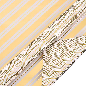 AUCLAY Reversible Wrapping Paper for Birthday Christmas Wedding Baby Shower Holiday - Gold Foil Stripe and Geometric Design - All Occasion Gift Wrap Paper Roll, 17.7 Inch X 33 Feet