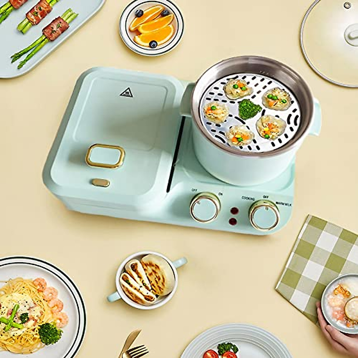 Breakfast Station, 3 in 1 Breakfast Station, Retro Household Breakfast Maker, Electric Mini Toaster Bread Breakfast Sandwich Maker, Breakfast Machine with Frying Pan, Boiling Pot, Food Steamer