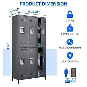 SUXXAN 6 Doors Storage Locker Combination with 12 Hooks,Industries Double Tier Metal Locker for School Office Gym Home Employees Staff Sundries Room W35.43*D15.7*H72(Dark Grey)