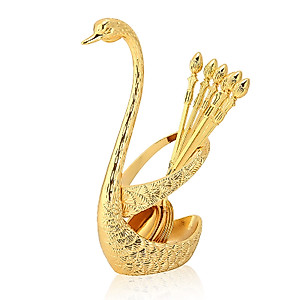 Agatige Gold Coffee Spoon for Coffee Bar, 6pcs 5in Long Coffee Stir Spoon Crown Handle Dessert Spoons Gold Tea Spoons Espresso Spoons with Decorative Swan Base Holder (Gold)