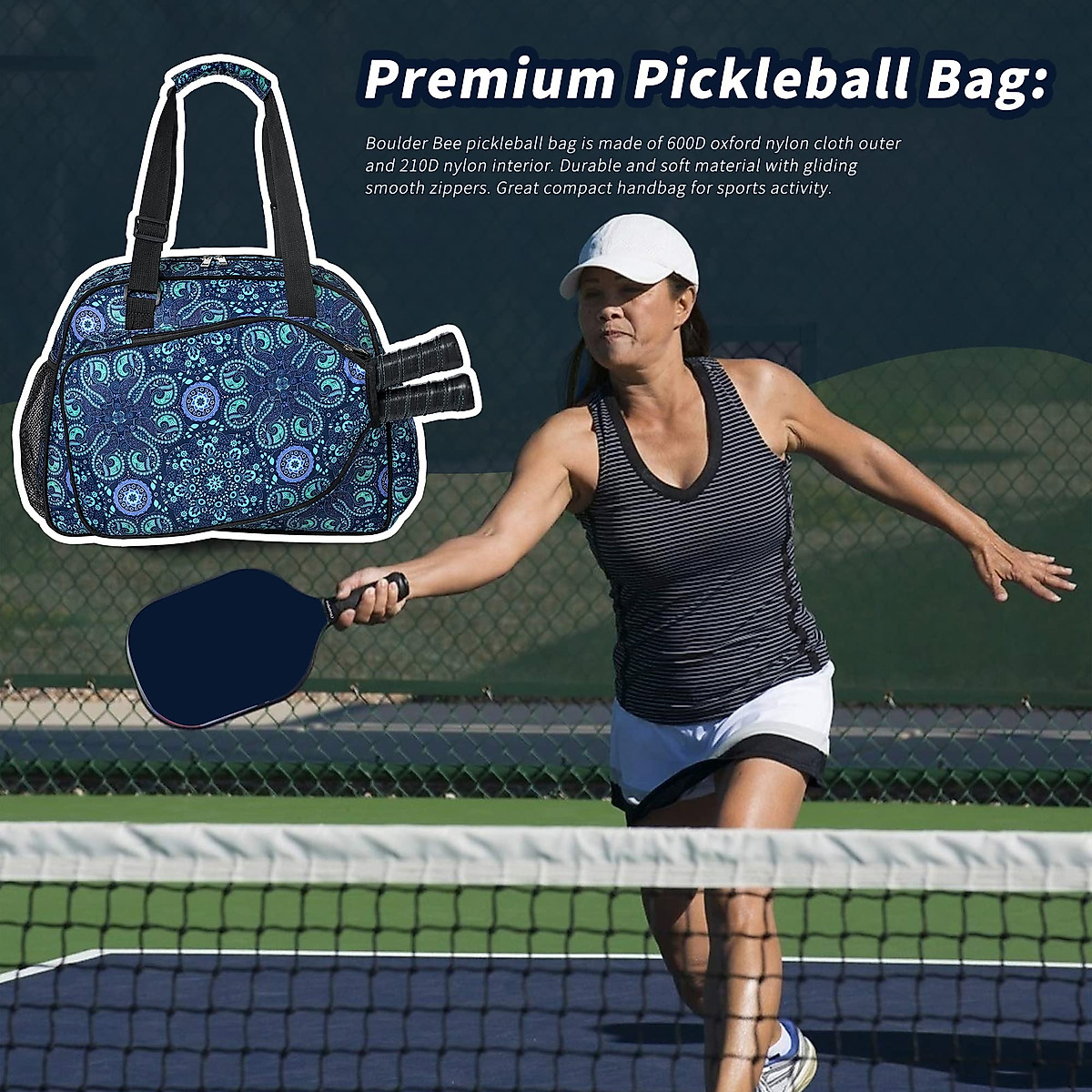 Boulder Bee | Premium Pickleball Bags | PickleBall Tote Bag for Women | Women’s Hand/Shoulder Gym Bag w Water Bottle Holder | With Racquet/Paddle Holder (Blue)
