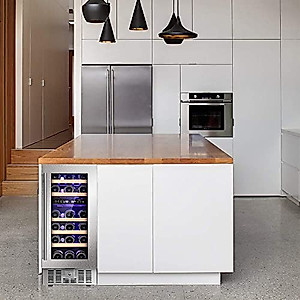 Joy Pebble Wine Cooler 28 Bottle Dual Zone Built-in Wine Cellar with Stainless Steel & Double-Layer Tempered Glass Door and Temperature Memory Function