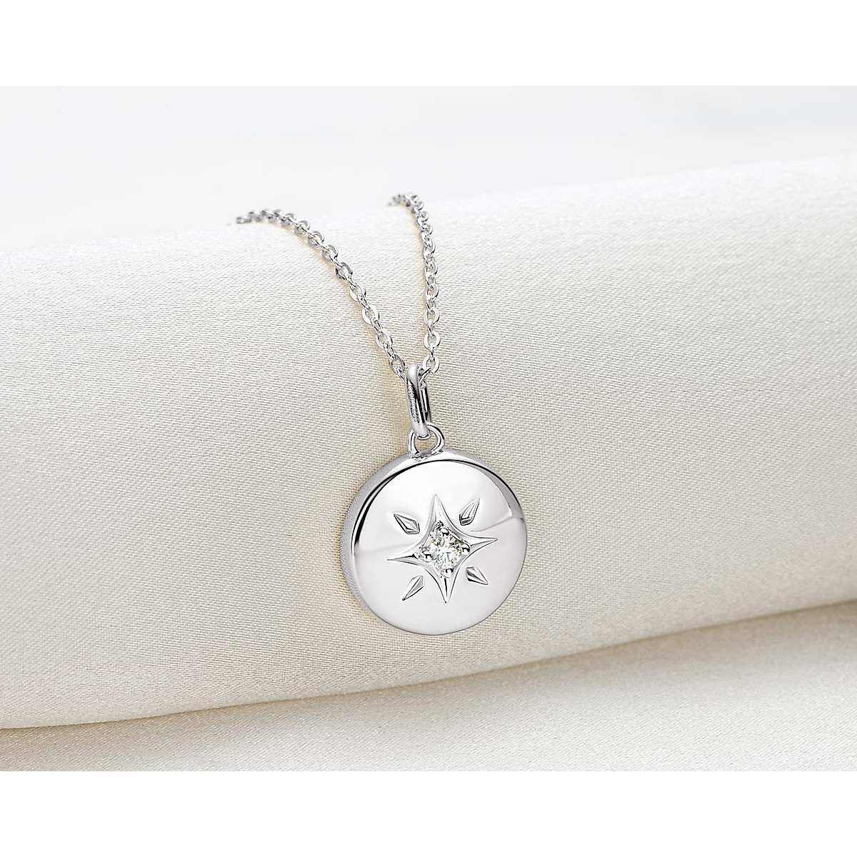 DYUNQ North Star Necklace Sterling Silver, Moissanite Lab Created Diamond Starburst Compass Disc Medallion Hypoallergenic Pendant for Women, 18 to 20 Inch, Graduation Jewelry Gifts