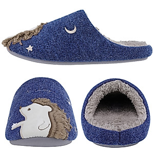 shevalues Fur Lined Animal Slippers for Kids Cute Girls Boys Unicorn Hedgehog House Shoes Fuzzy Embroidered Indoor Slippers Women, Navy Hedgehog, Size 1-1.5 Little_kid