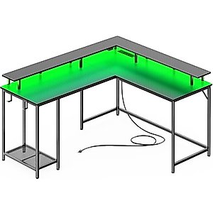 SUPERJARE Desk L Shaped Gaming Desk with LED Lights & Power Outlets, Computer Desk with Monitor Stand, Home Office Desk Corner Desk with Headphone Hooks, Carbon Fiber Black