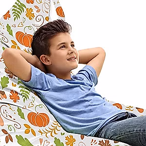 Lunarable Autumnal Lounger Chair Bag, Colorful Fall Woodland Items Acorns Leaves Pumpkins Curls and Hearts, High Capacity Storage with Handle Container, Lounger Size, White and Multicolor