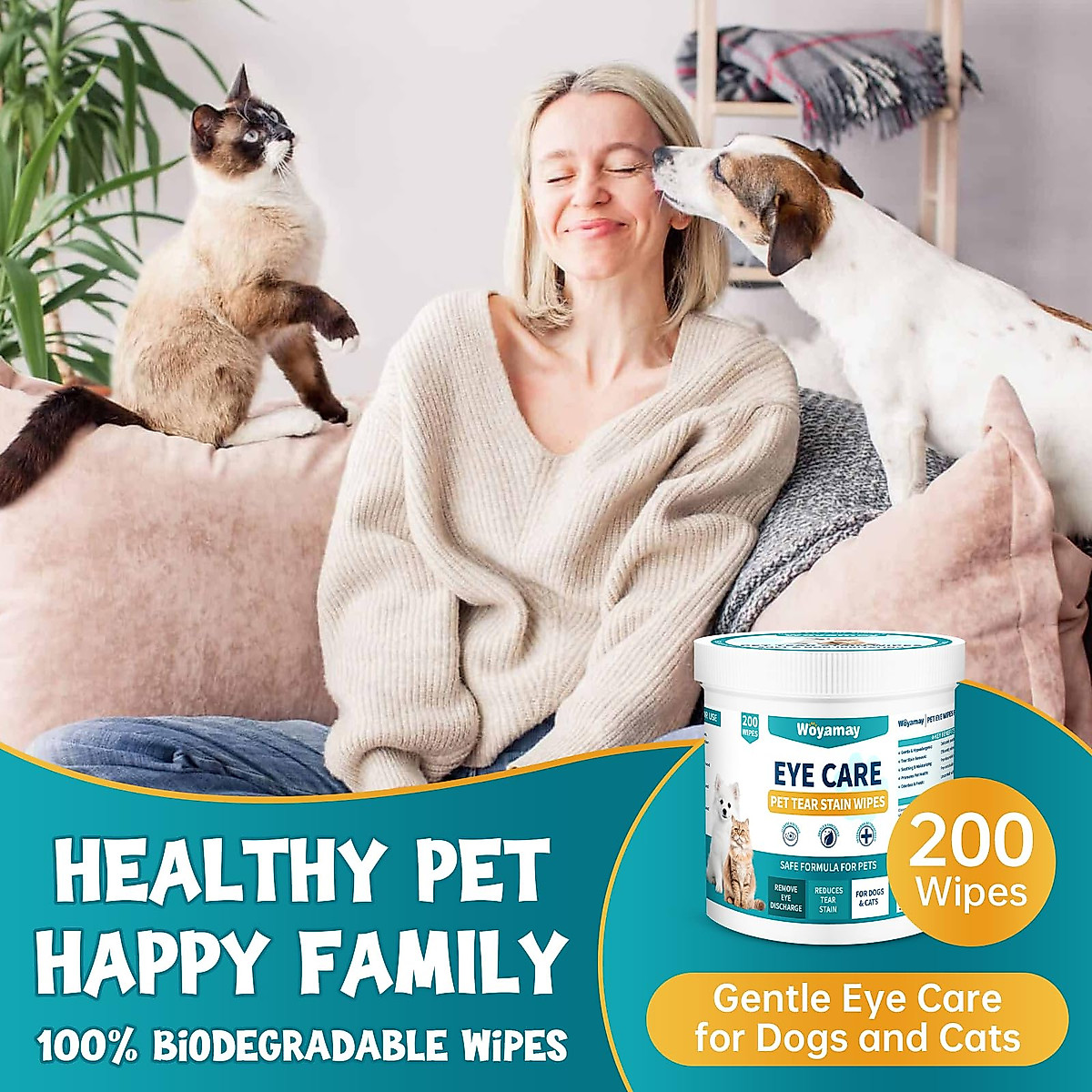 Woyamay Eye Wipes for Dogs & Cats - 200 Count Cat Dog Eye Wipes Tear Stain Remover, Presoaked & Textured Eye & Face Wipes, Extra Large Eye Wipes Gently Remove Eye Debris, Discharge, Mucus Secretions