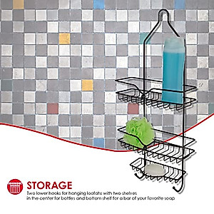 Home Basics Classic 2 Shelf Shower Caddy with Bottom Hooks and Center Soap Dish Tray, Bronze