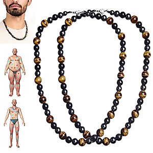 lunhaifi Fortis Marvik Chalcedony Beaded Necklace, Fortis Chalcedony Beaded Necklace, Natural Tiger Eye Beads Beaded Necklace Chain for Men/Women Effective Body Detoxification (2Pcs)