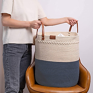 CML Colton Michael Living Premium Cotton Rope Basket Laundry, Toys, Blankets, Clothes, Hamper,Cream and Grey,20inh x 15inw