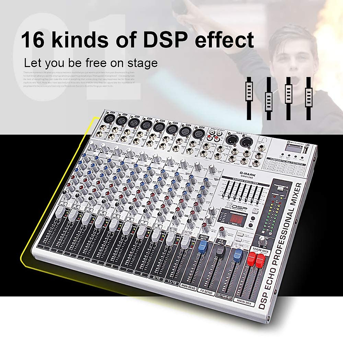 DJ Mixer G-MARK GMX1200 12 channel Professional USB Audio Mixing console Music Studio 8 mono 4 stereo 7 brand EQ 16 Effect Podcast Streaming Audio Interface