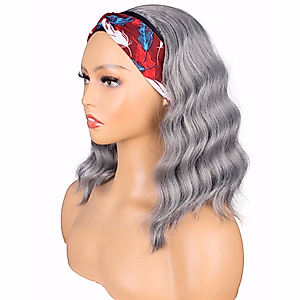 SYMEIW Silver Grey Wavy Headband Wig For Black Women Curly Half Wigs With Headband Attached Synthetic Wrap Wigs Turban Wigs For Women(Gray)…