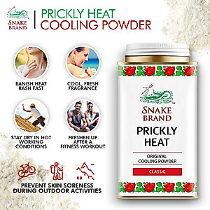 Snake Brand Prickly Heat Cooling Powder for Everyday Use - Anti-Chafing, Heat Rash Relief, Absorbs Sweat, Classic Original Scent (4.9 Oz / 140g)