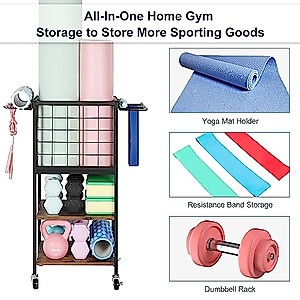 Weight Rack for Home Gym Dumbbells Yoga Mat Storage Rack Cart Small Metal Wood Home Gym Workout Equipment Storage with Hooks for Yoga Block Foam Rollers Resistance Bands