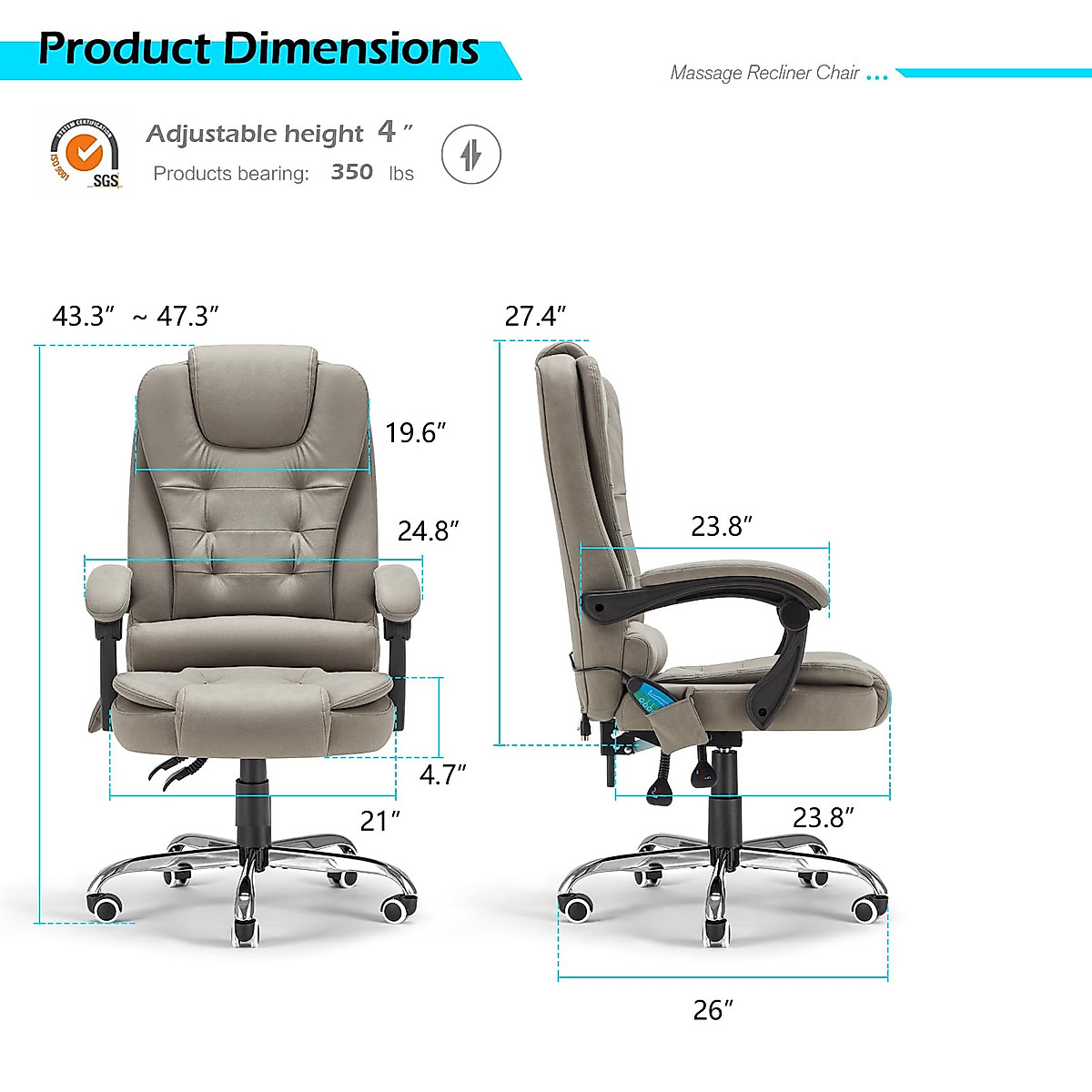 YODOLLA Executive Office Chair with 7 Points Massage&Heat Function, High Back Office Chair w/Footrest Reclining Swivel Home Office Chair, Fabric, Light Grey