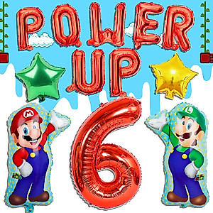 12 PCS Super Birthday Balloons Brothers theme Birthday Decoration with POWER UP Letter Balloons For Birthday Party (RED-06)