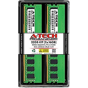 A-Tech Server 32GB Kit (2 x 16GB) 2Rx8 PC4-21300 DDR4 2666MHz ECC Unbuffered UDIMM 288-Pin Dual Rank DIMM 1.2V Workstation Server Memory RAM Upgrade Stick Modules (A-Tech Enterprise Series)