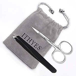 Ithyes Complete Tweezer Set 2 PCS Slant Tip Tweezer Stainless Steel Tweezers Eyebrow Trimmer Scissor for Shape Precision Ingrown Hair Nose Hair Blackhead Tick Remover,Black