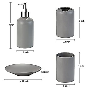 Ceramic Bathroom Accessories Set 5 Pieces, Grey Bathroom Accessory Set Complete, Lotion Dispenser Toothbrush Holder 2 Tumblers Soap Dish Classic Grey Matte for Bath Countertop Organizer Decor, SAIURE