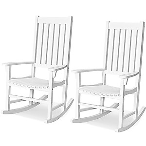 Tangkula Acacia Wood Porch Rocking Chair Set, Wooden Rocking Chair Rocker with High Back & Armrest for Indoor Outdoor Use, Patio Rocker for Garden Lawn Balcony Backyard Poolside (2, White)