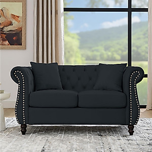 AZSJML 58.8" Chesterfield Loveseat Velvet Sofa for Living Room,Modern Upholstered 2-Seater Couch, Tufted Velvet Casual Sofa Rolled Arms and Nailhead with 2 Pillows for Bedroom, Office, Black