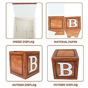 Baby Shower Boxes Party Decorations - 4 Wood Grain Brown Blocks with BABY Letter, Printed Letters,First Birthday Centerpiece Decor, Teddy Bear Baby Shower Supplies, Gender Reveal Backdrop