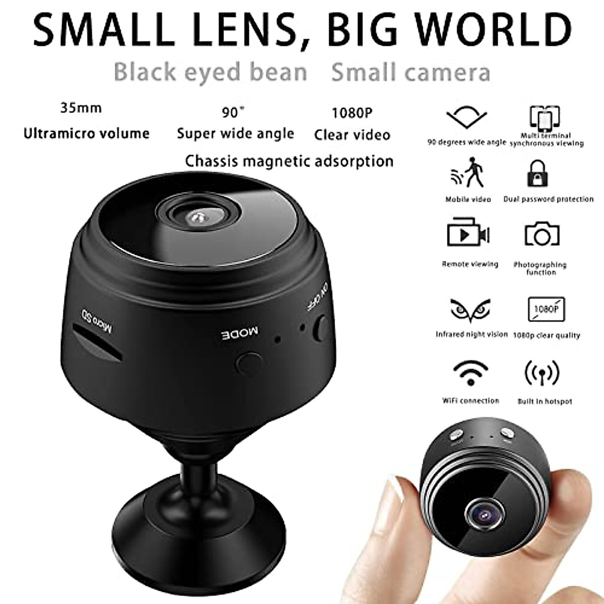 Mini Camera, Wireless WiFi Motion Detects Magnetic Camera, HD 1080P Portable Home Security Cameras Covert Nanny Cam Small Indoor Outdoor White Video Recorder Motion Activated Night Vision (Black)