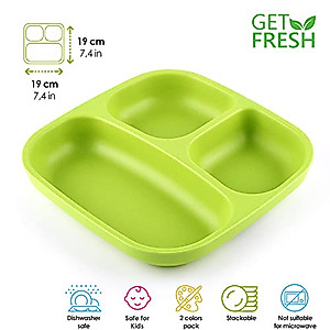 GET FRESH Bamboo Kids Divided Plates Set – 2-Pack Reusable Sectioned Bamboo Childrens Plates for Kids Meals – Colorful Bamboo Toddler Divided Plates Set – Bamboo Kids Dinnerware Compartment Plates