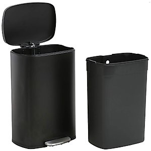 TYYPS 13 Gallon Black Stainless Steel Trash Can with Lid and Inner Plastic Bucket, 50 Liter Capacity, 13" x 13" x 15"