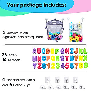 Comfylife Baby Bath Toy Organizer - Shark +36 Bath Letters & Numbers +Extra Bath Toy Storage Net & 10 Strong Hooks, Great Bath Net for Kids, Cute Bathtub Toy Organizer and Bath/Shower Caddy Solution