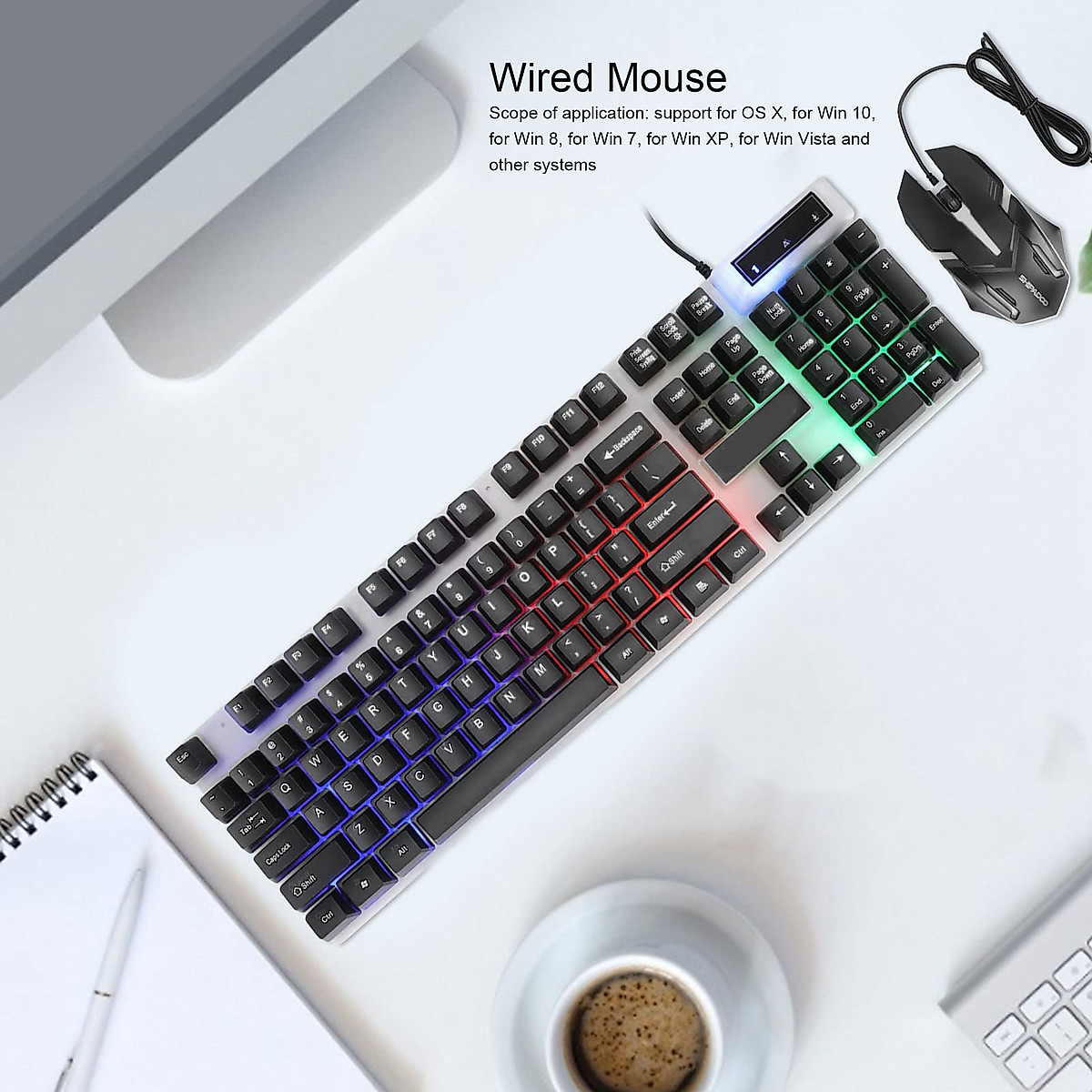 Hilitand Backlit Gaming Keyboard and Mouse Combo, USB Wired Computer Keyboard Mouse Game Set, 104 Keys, 7 Colors Breathing Light Keyboard Mouse for PC/Laptop(Black)