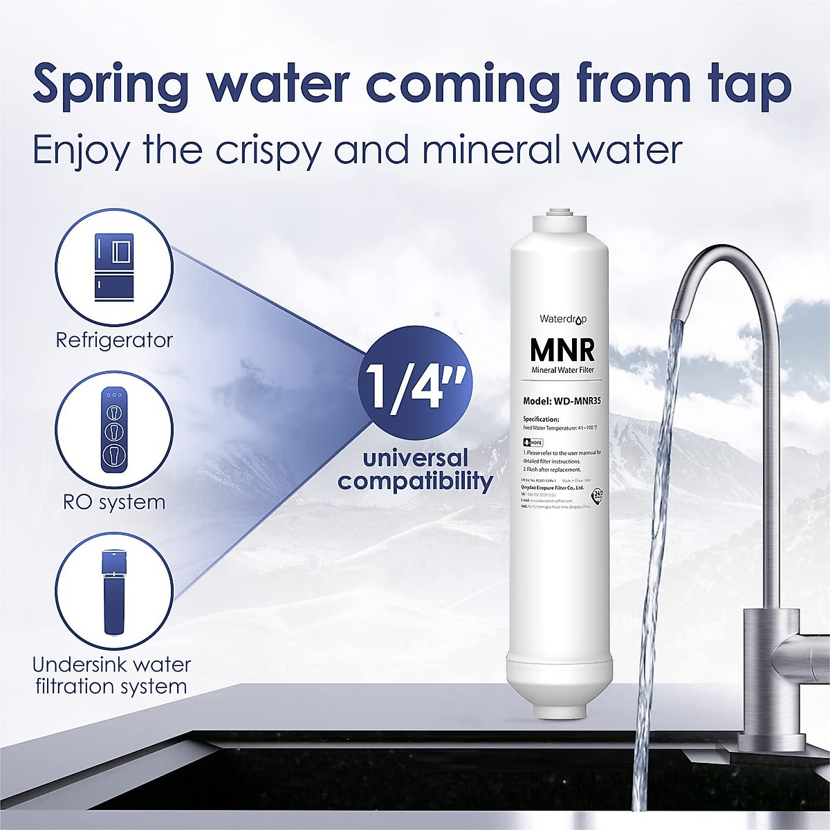 Waterdrop D6 Reverse Osmosis System with WD-MNR35 Remineralization Filter, Tankless, 600 GPD, 2:1 Pure to Drain, Smart LED Faucet, Reduce TDS, High Flow, USA Tech Support, Bundle