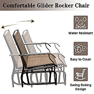 Patio Double Glider Chair Rocker Metal 2 Person Rocking Chairs with Table, Outdoor Porch Furniture Conversation Set, Umbrella Hole, for Garden, Balcony, Backyard, Poolside, Lawn