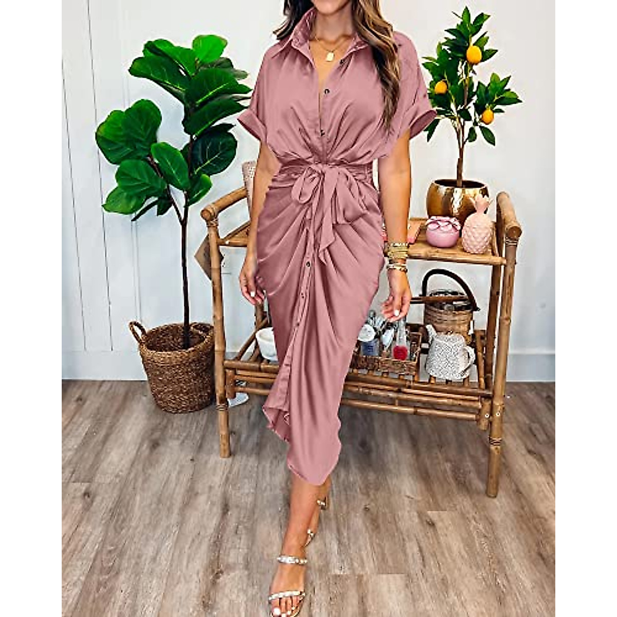 BTFBM Women 2023 Button Down Ruched Shirt Dresses Short Sleeve Lapel V Neck Elegant Party Spring Summer Maxi Satin Dress(Short Sleeve Pink, Small)