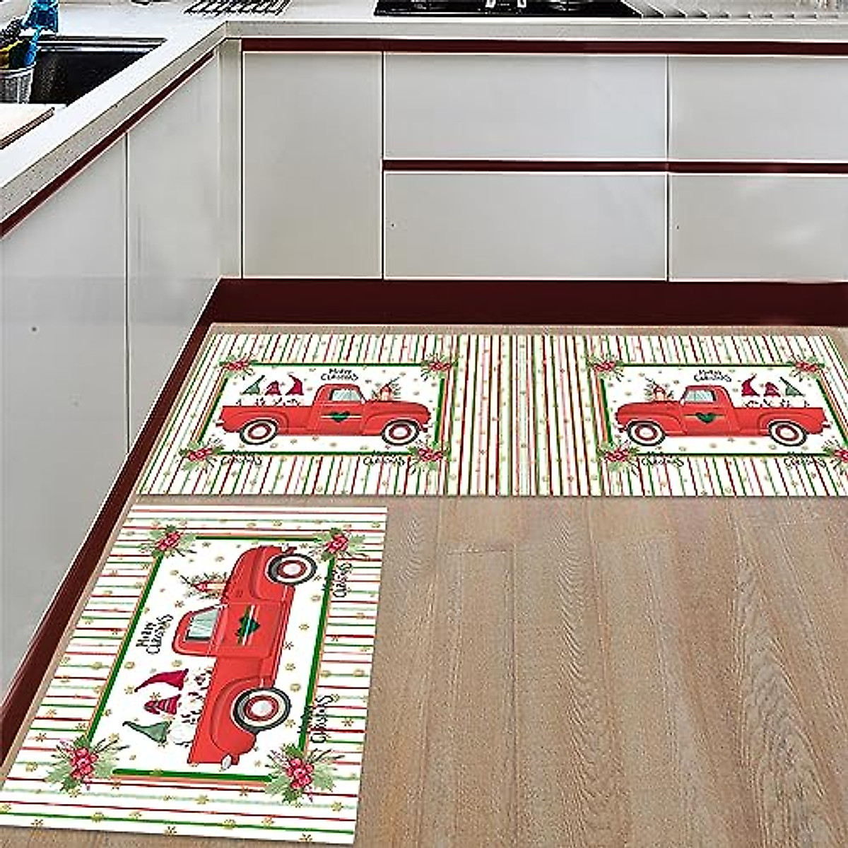 Christmas 2 Pieces Kitchen Rugs and Mats Set, Merry Christmas Red Truck with Gnome Green Stripes Kitchen Mats Cushioned Floormat Non Slip Runner Rug Set for Kitchen Laundry Entryway, 18"x30"+18"x60"