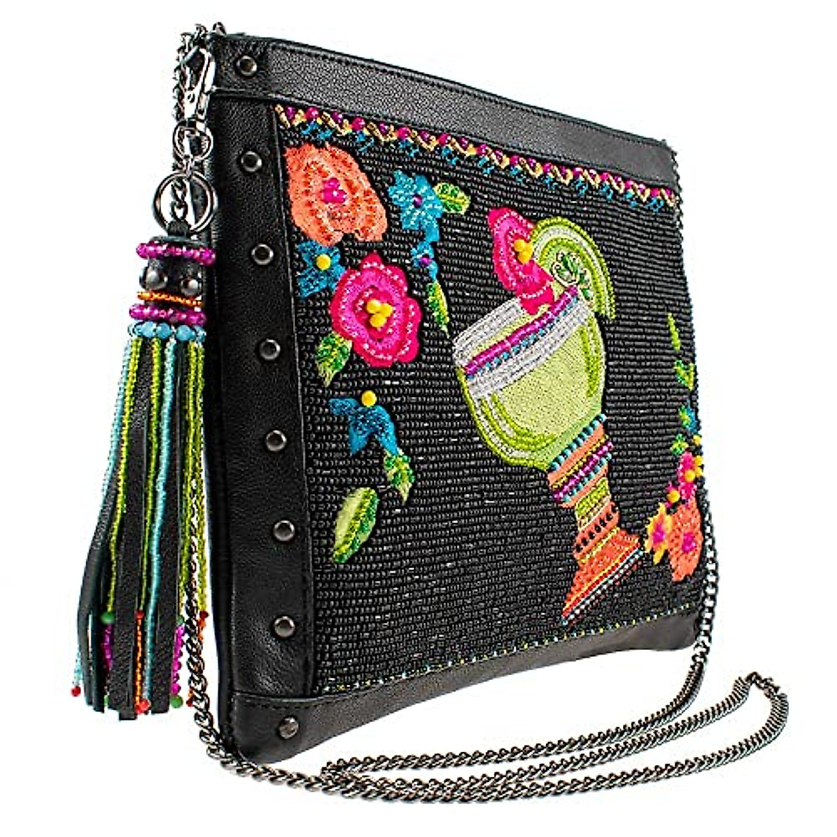 Mary Frances Salt on the Rim Beaded Margarita Leather Crossbody Clutch Handbag, Black