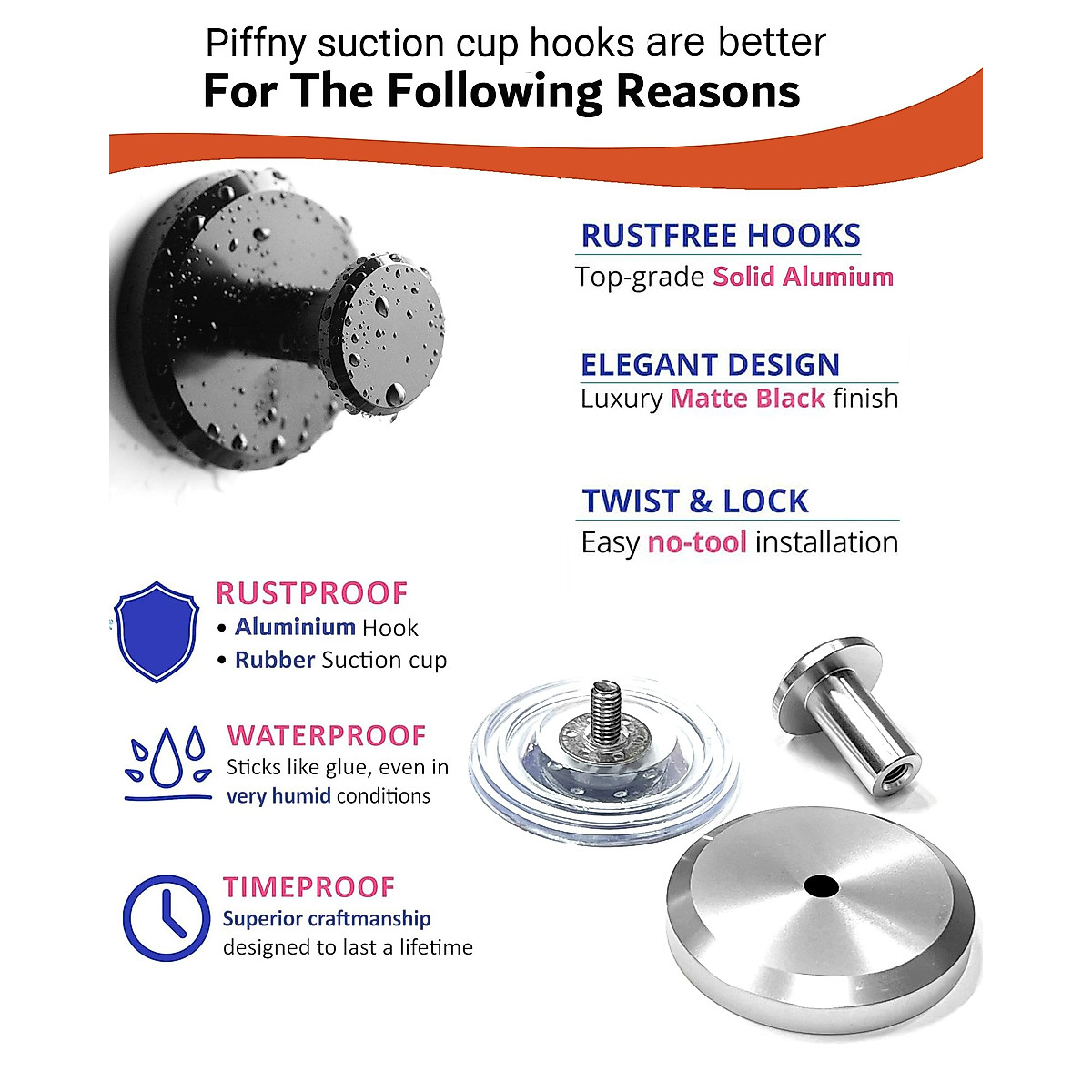 Kitston Suction Cup Hooks are Waterproof Solutions for The Shower, Bathrooms, and Kitchens to Hang Mesh Scrub Loofahs, Towels, Robes, and More, Black, 2 Pack