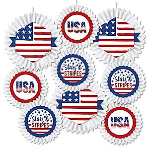 Big Dot of Happiness Stars and Stripes - Hanging Patriotic Party Tissue Decoration Kit - Paper Fans - Set of 9