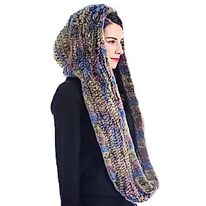 Knitted Rex Rabbit Infinity Scarf w Hood Fur Scarves Wrap Shawl Fur Cashmere Pashmina Silk Wool Cape Cashmere Cape (Ebony Black)