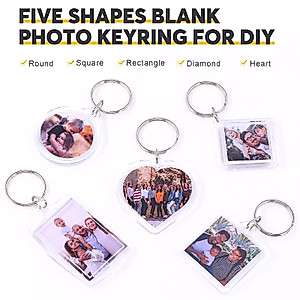 Mardatt 40Pcs Clear Acrylic Blank picture Photo frame keychain Personalized photo insert keychain bulk, Rectangle, Heart-Shaped, Round, Square and Rhombus Great for Personalized Keychains DIY Gift