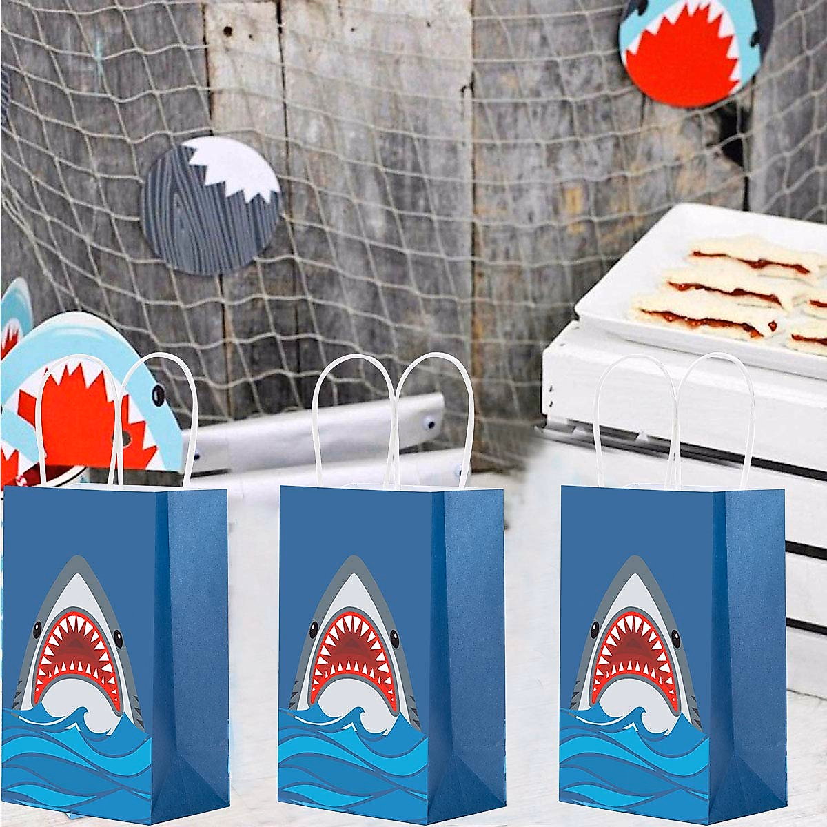 Funnlot Shark Party Bags Shark Birthday Party Supplies 12PCS Shark Goodie Bags Shark Gift Bags Shark Party Favor Bags for Shark Party Kids Birthday Party Decorations