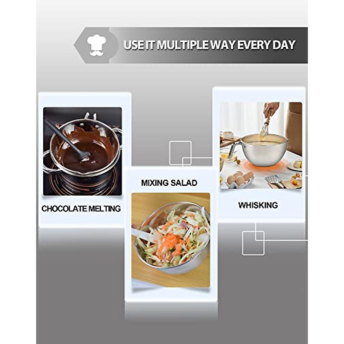 Marsheepy Double Boiler Pot Set,1250ML/1.1QT Mixing Bowl for Chocolate Melting, 2200ML/ 2QT 304 Stainless Steel Pot With Silicone Spatula for Melting Chocolate, Candy, Candle, Soap, Wax