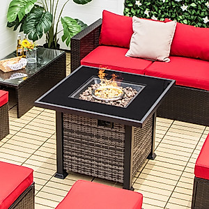 COSTWAY 32" Outdoor Fire Table, 50,000 BTU Propane Fire Pit Table w/Lid & Lava Rocks Rain Cover, Rattan Style Metal Patio Fireplace, Gas Firepit Table for Outside Yard Balcony, Grey