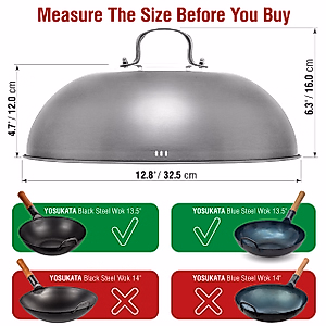YOSUKATA Carbon Steel Wok Pan – 13,5 “ Woks and Stir Fry Pans + Wok Lid 12.8 Inch - Premium Stainless Wok Cover with Tempered Glass Insert Steam Holes and Ergonomic Handle