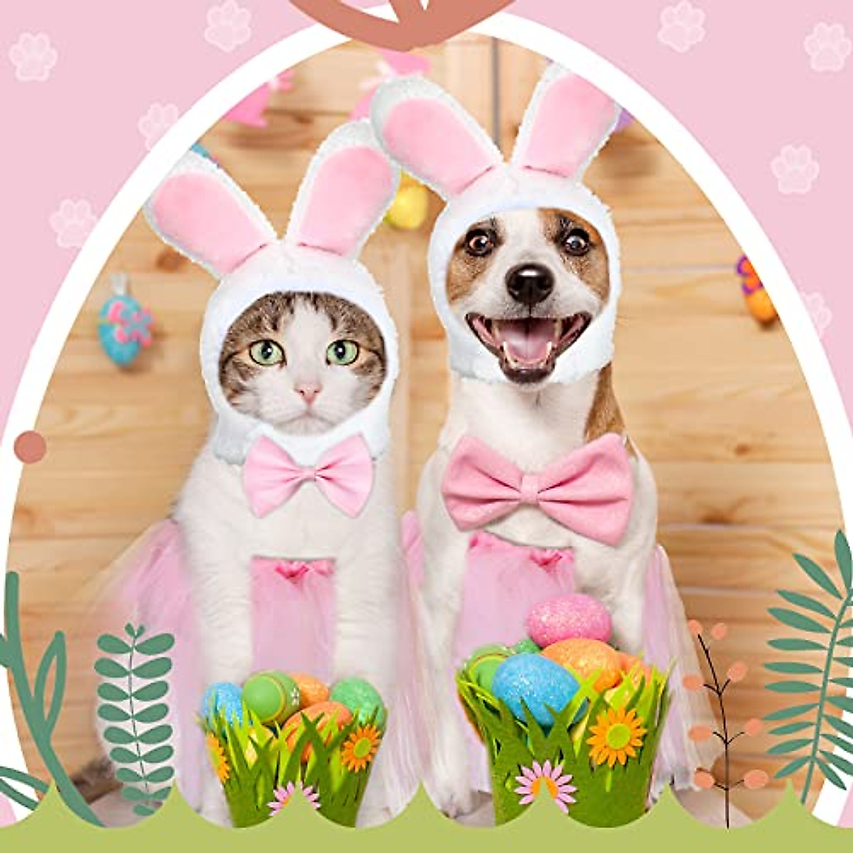 4 Pcs Bunny Costume Set Bunny Rabbit Hat with Ear Bunny Ears Pet Headband Lace Tutu Skirt with Bunny Ears Tail and Bow for Easter Cats Small Dogs Party Costume Accessory