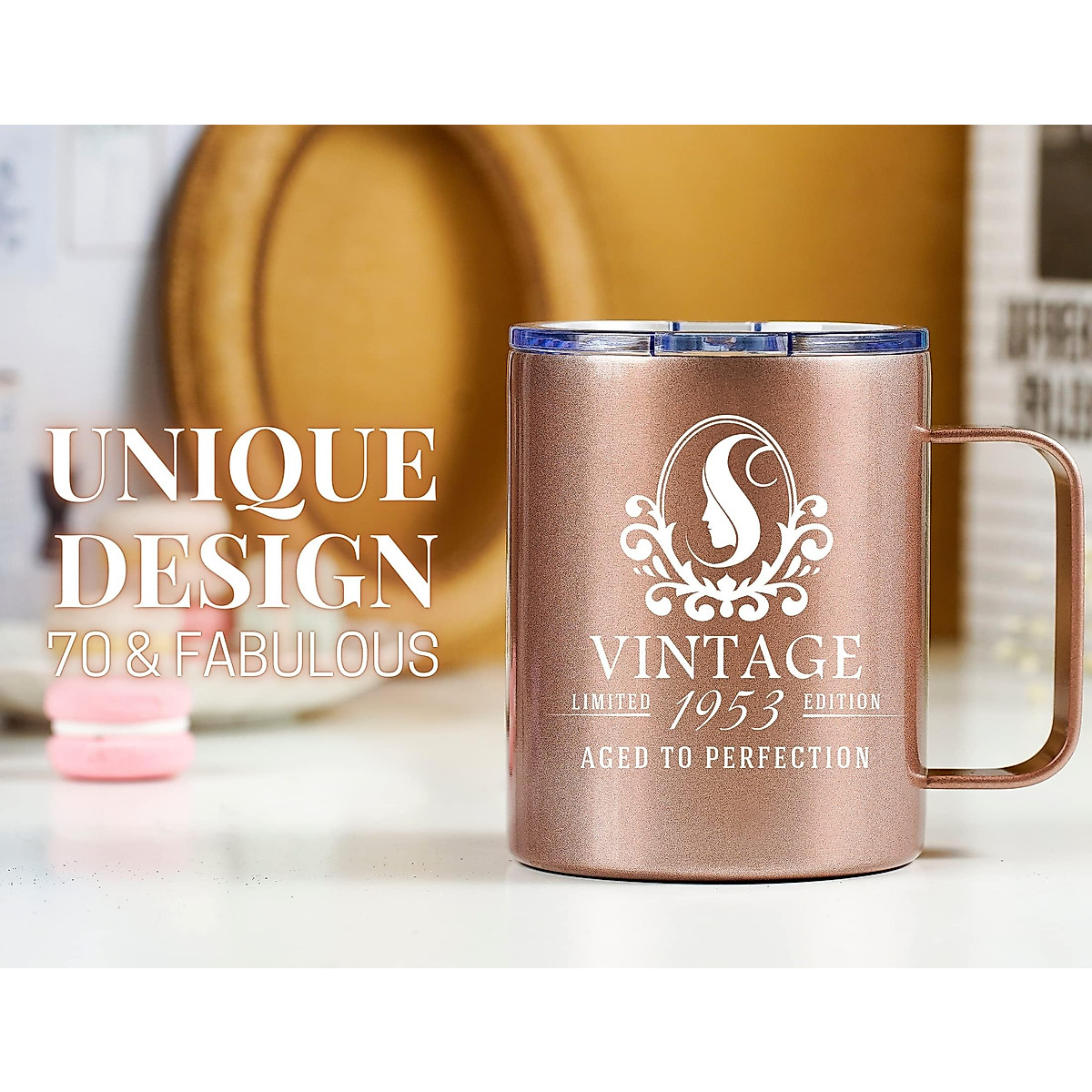 Onebttl 71th Birthday Gifts for Women, 1953 Birthday Gifts, Vintage 1953 Age to Perfection, 71th Birthday, 12oz Insulated Stainless Steel Wine Tumbler, Rose Gold