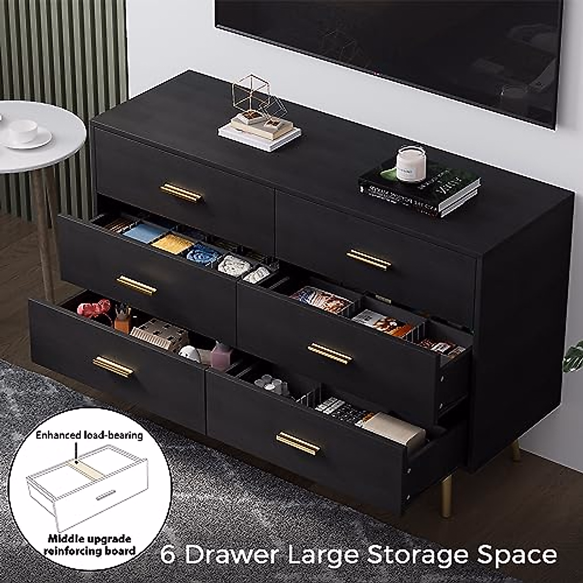 MAISONPEX 6 Drawer Dresser with Metal Handles , Black Modern Wood ,Chest of Drawers, Sturdy Frame Bedroom Furniture with Drawers for Closet Hallway, Living Room