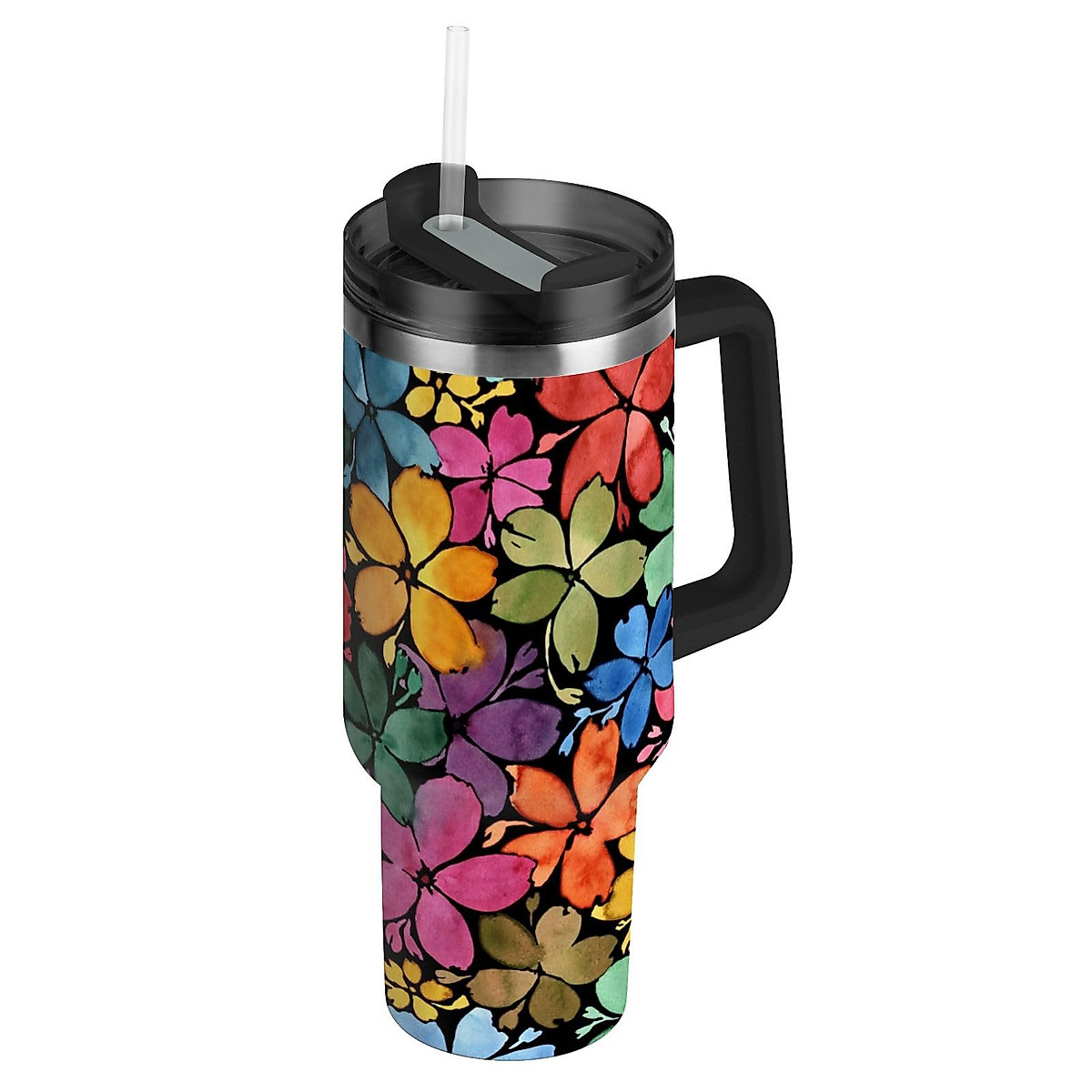 Yasala Car Tumbler with Handle Rainbow Flower Travel Mug Coffee Cup Insulated Beverage Container Mega Cup for Hot Cold Drinking Thermos Water Bottle Cupholder Friendly 40 oz